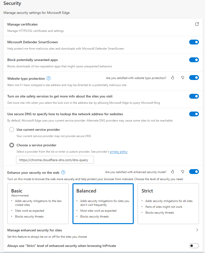 Configure security settings for Edge